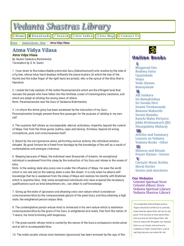 Atma Vidya Vilasa - Vedanta Shastras Library | PDF | Ātman (Hinduism ...