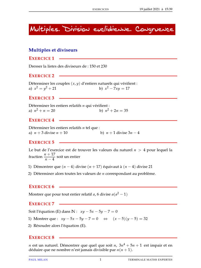 Exercices de division euclidienne et congruence | PDF | Entier naturel ...