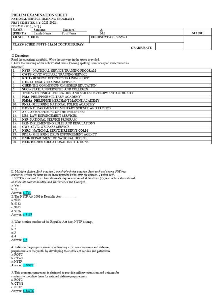 NSTP 1-Prelims | PDF | Multiple Choice | Philippines