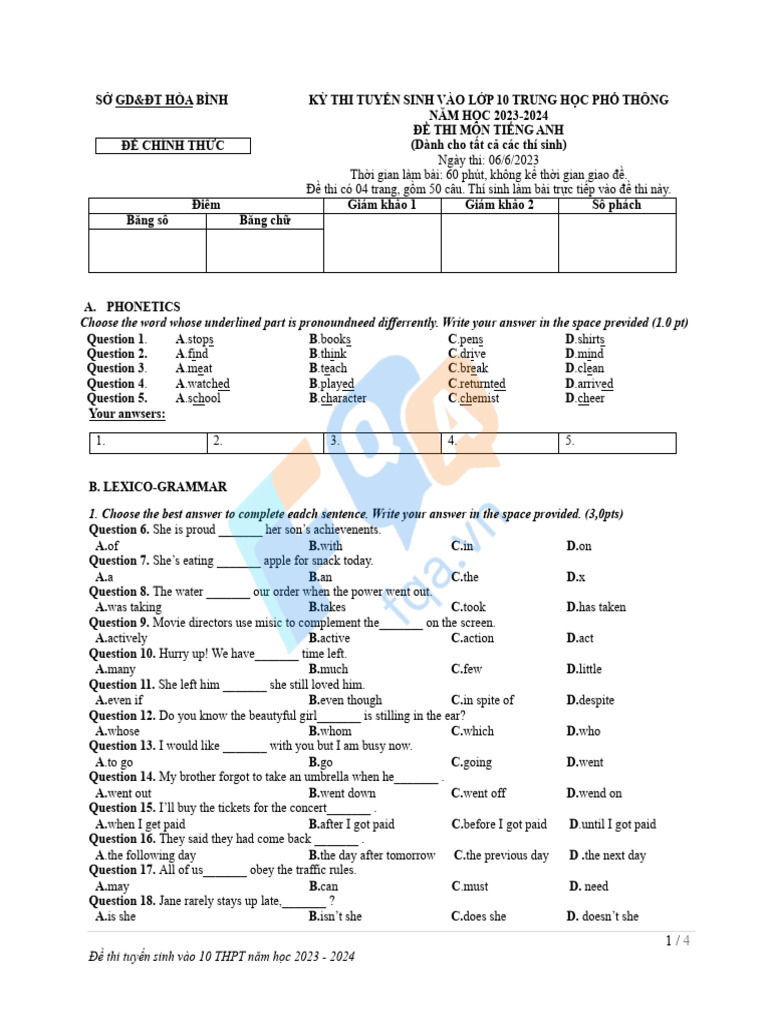 Ngày thi: 06/6/2023 Thời gian làm bài: 60 phút, không kể thời gian giao đề. Đề thi có 04 trang ...