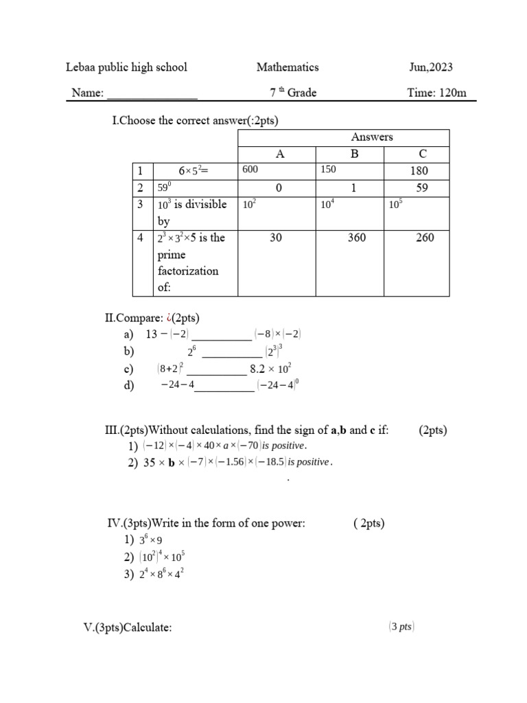 math exam grade 7 power .signed numbers.triangles | PDF