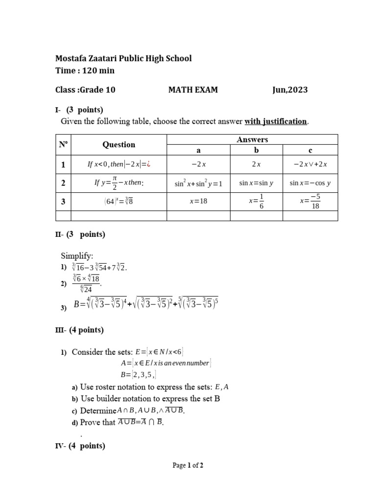 Math Exam Grade 10 Sets Power Trigonometry | PDF
