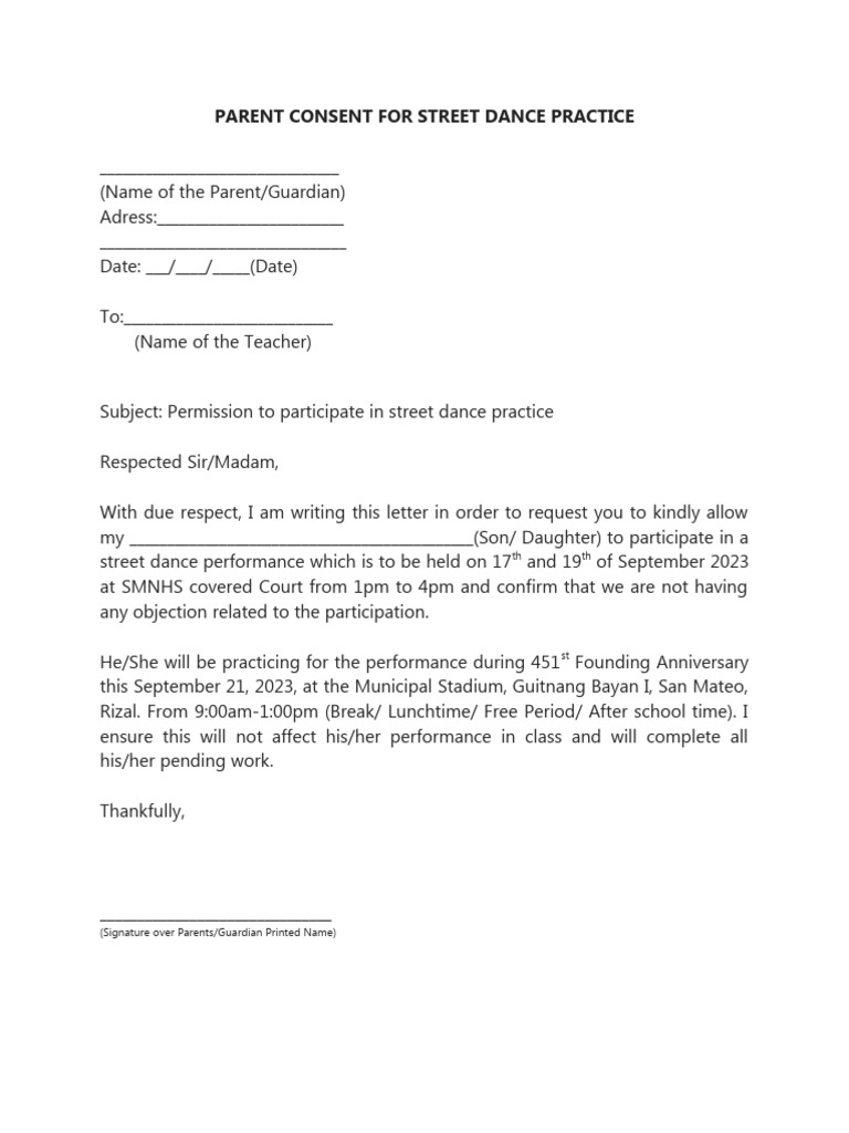 Parent Consent For Street Dance Practice | PDF