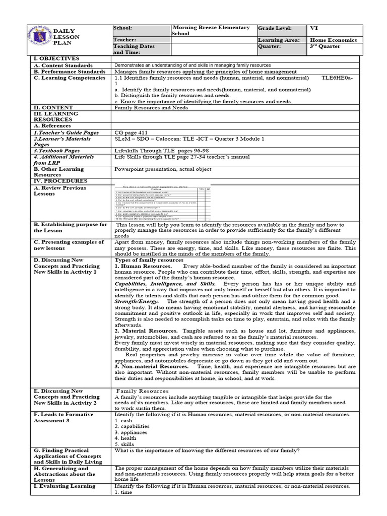 TLE 6 - HOME ECONOMICS - Week 1 | PDF | Learning | Teachers