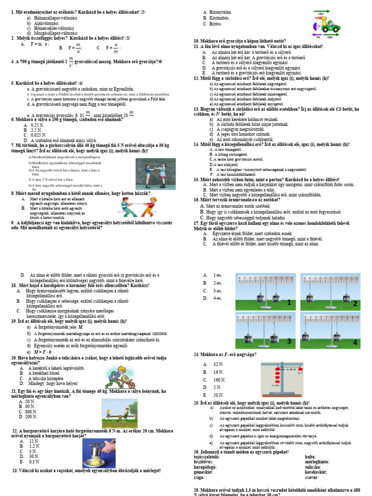 Fizika Teszt 7. O. Erő - Egyszerű Gépek Munka | PDF