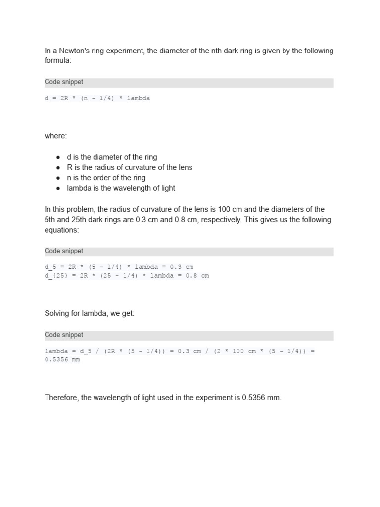 In A Newton Ring Experiment Diameter of 5th and 25th Ring Are 0.3 CM ...