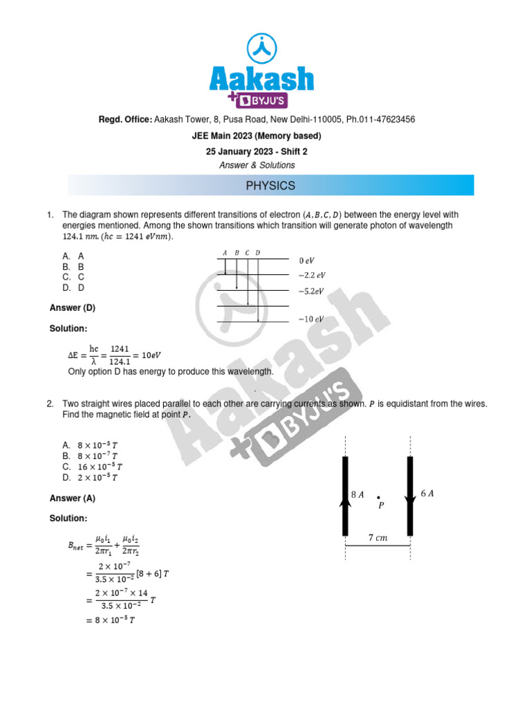 JEE Main 2023 Physics Solutions | PDF | Science & Mathematics