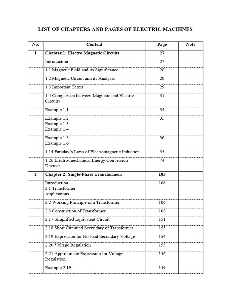 List of Chapters and Pages of Electric Machines | PDF | Electric Motor | Transformer