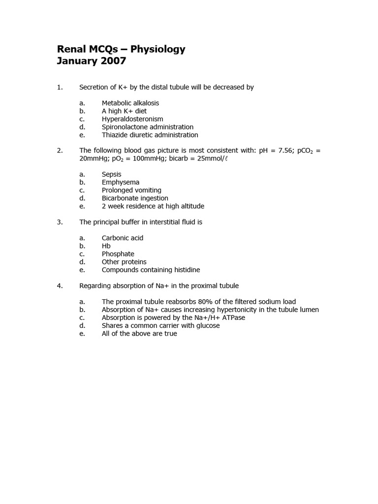 Renal Mcqs - Physiology January 2007 | PDF | Kidney | Urinary System