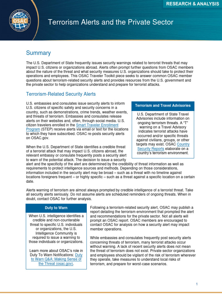 OSAC Traveler Toolkit - Terrorism Alerts and The Private Sector | PDF ... OSAC Traveler Toolkit - Terrorism Alerts and The Private Sector | PDF ...