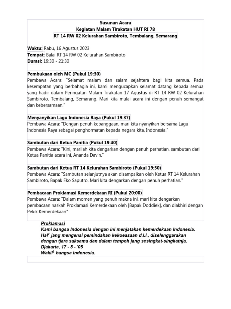 Susunan Acara Malam Tirakatan | PDF