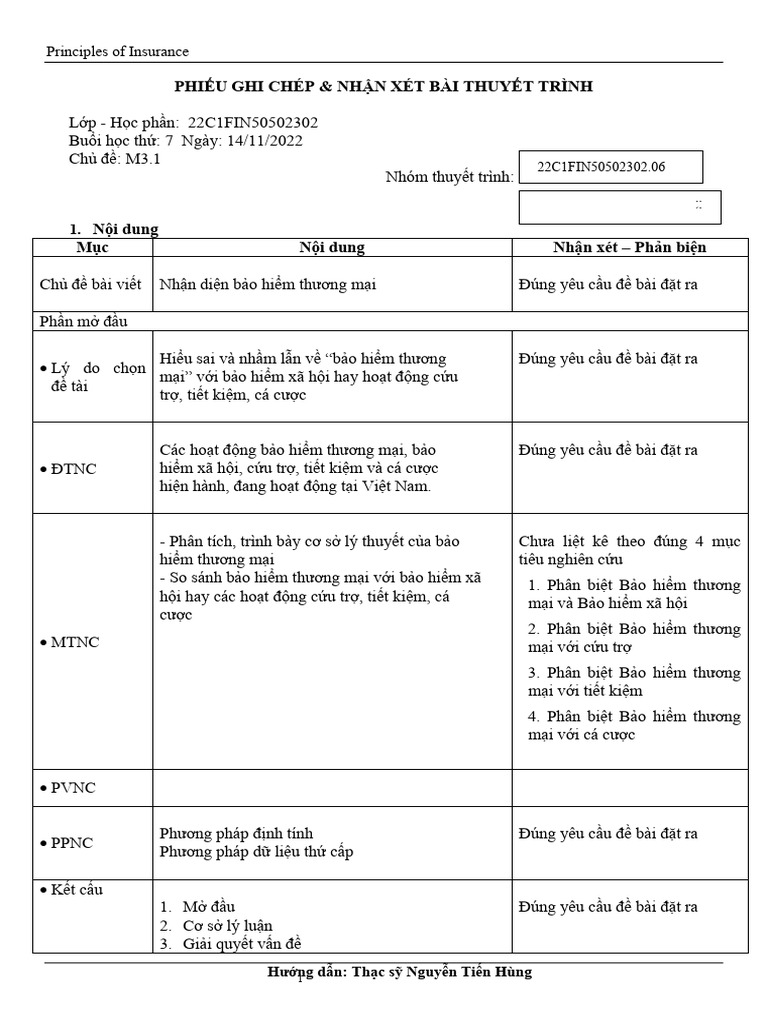Phieu Ghi Chep Bai Thuyet Trinh - Module 3.1 | PDF