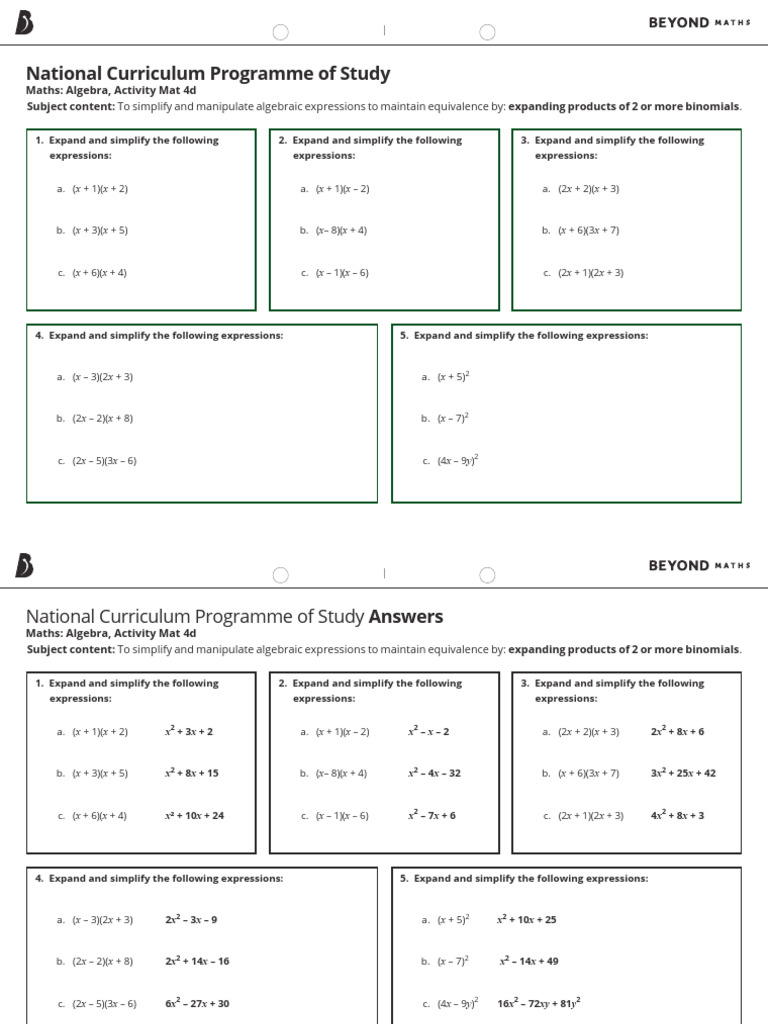 Mat 4d - National Curriculum Descriptors Algebra Set 1 | PDF ...