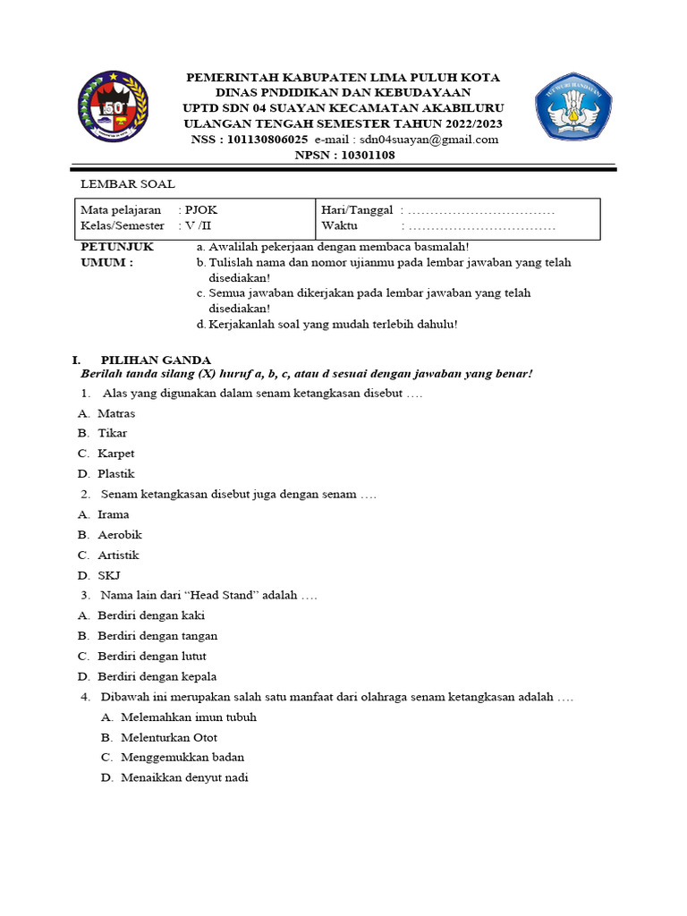 Kelas 5 Pjok Soal Pts 2 | PDF