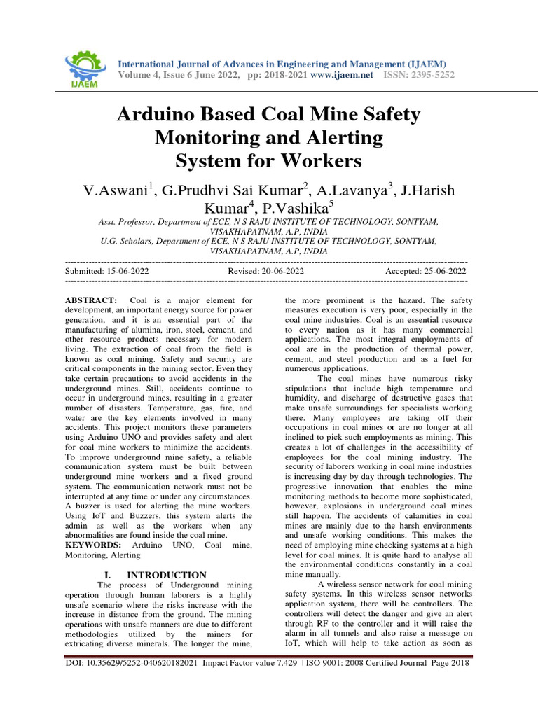 Arduino Based Coal Mine Safety Monitoring And Alerting System For