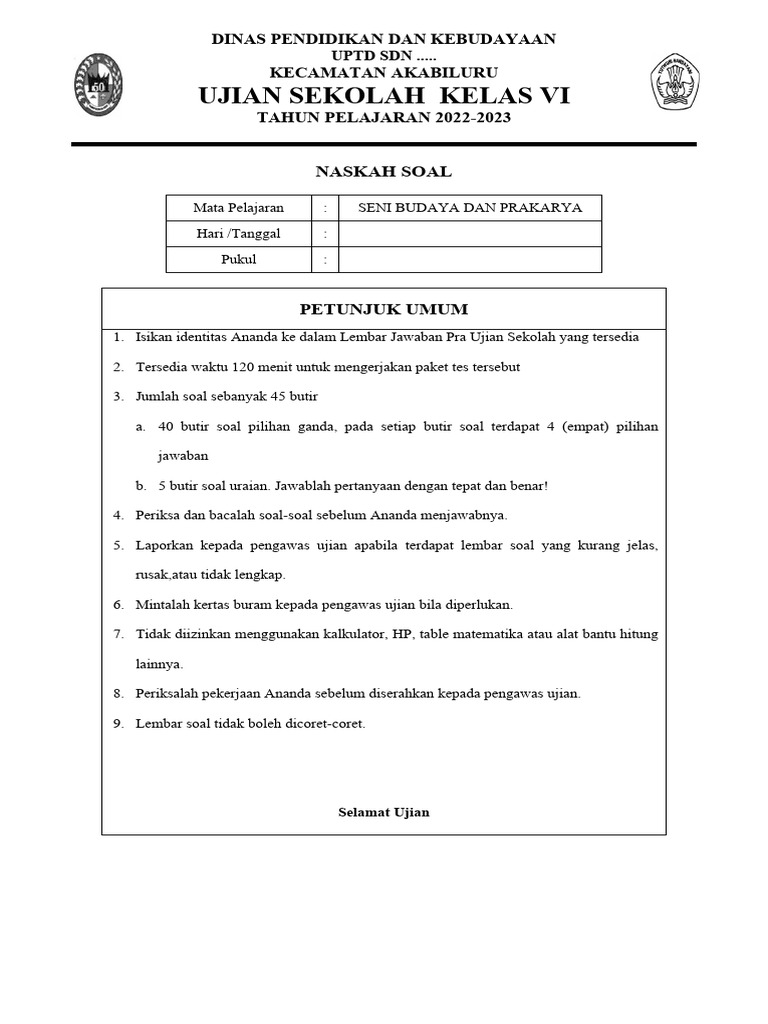 Soal SBDP Us Kls 6 2022 - 2023 Paket 2 | PDF