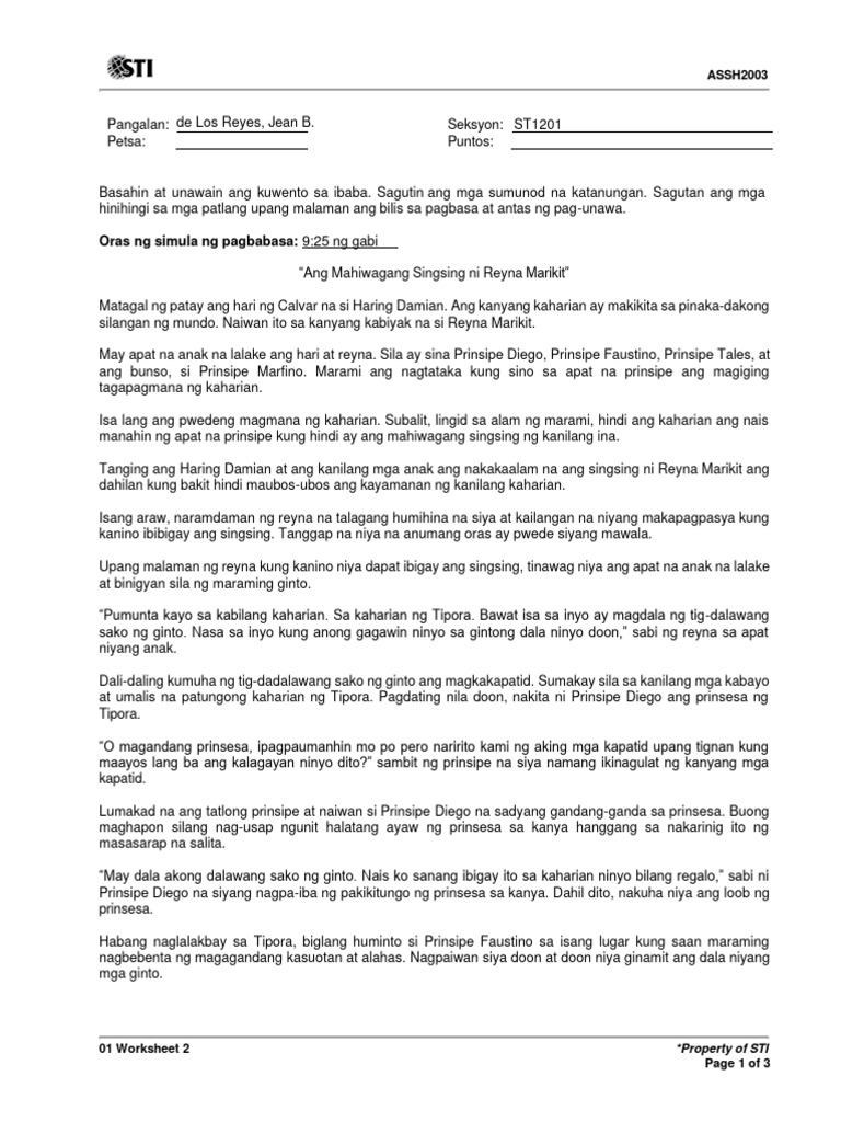 De Los Reyes, Jean B. 01 - Worksheet - 2 (Pagbasa) | PDF