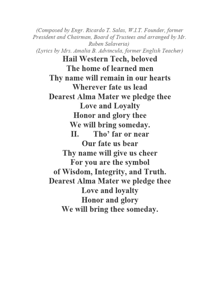WIT Alma Mater Hymn Lyrics | PDF | Poetry