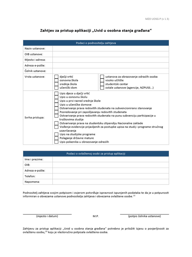 Zahtjev Za Pristup Aplikaciji Uvid U Osobna Stanja Građana MZO UOSG P | PDF