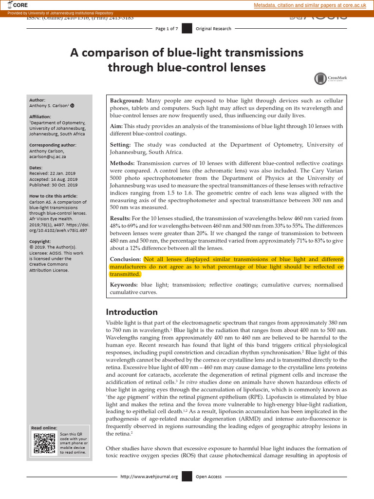 A Comparison of Blue Light Transmissions Through Blue Control Lens ...