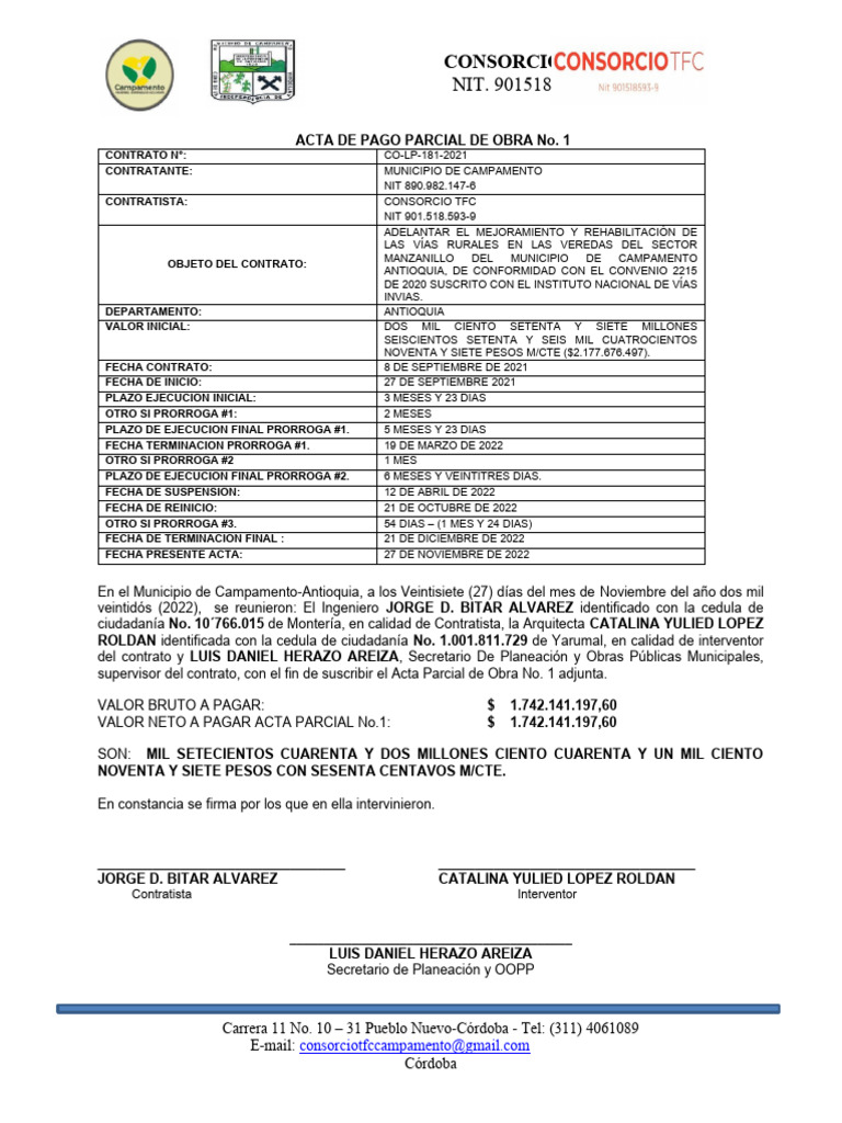 Acta de pago parcial de Obra No.1_literal | PDF