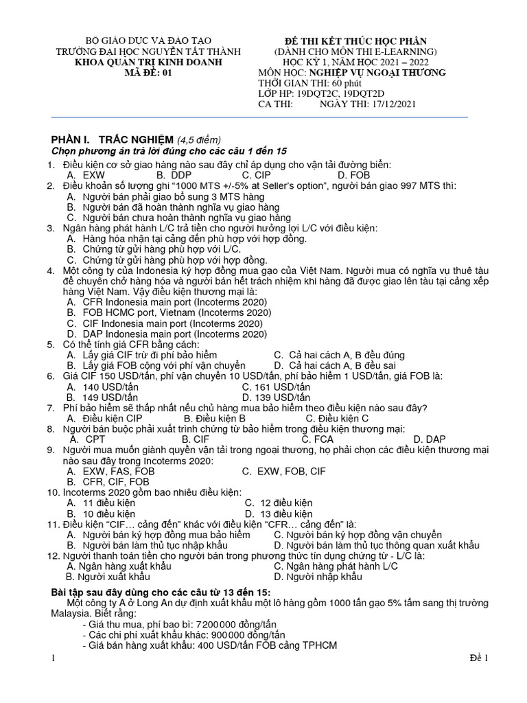 Đề thi 1 - Nghiệp vụ ngoại thương. | PDF