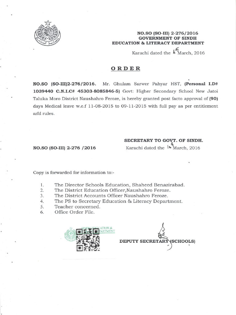 Order For 90 Days Medical Leave in Respect of Mr. Ghulam Sarwer Pahyar ...