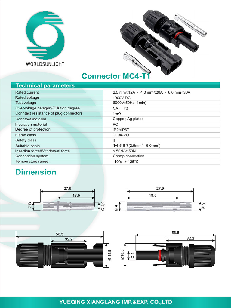 MC4 Connector Technical Specifications | PDF | Electrical Connector ...