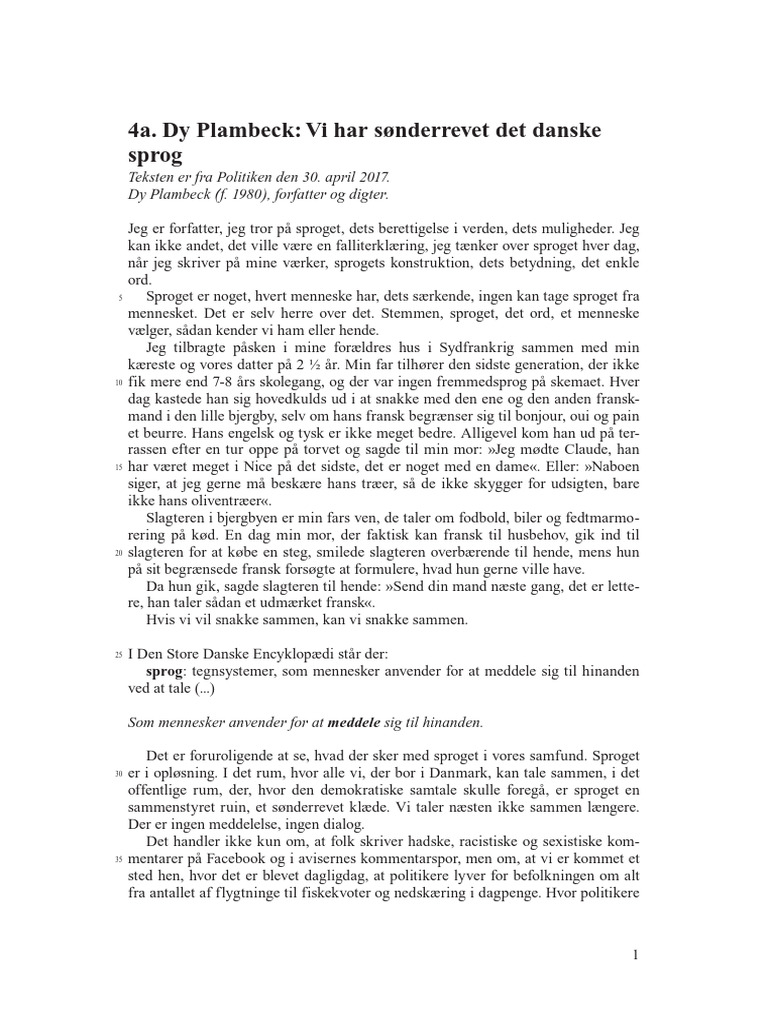 Dy Plambeck, "Vi Har Sønderrevet Det Danske Sprog" | PDF