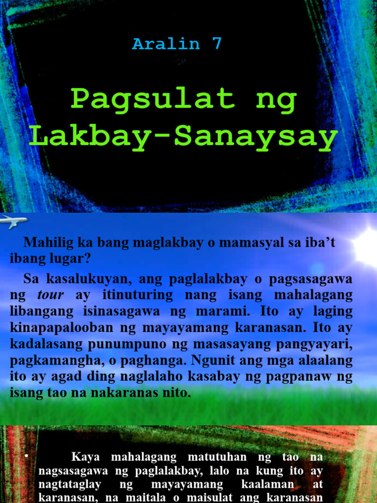 Aralin7 Pagsulat NG Lakbay Sanaysay | PDF Aralin7 Pagsulat NG Lakbay Sanaysay | PDF