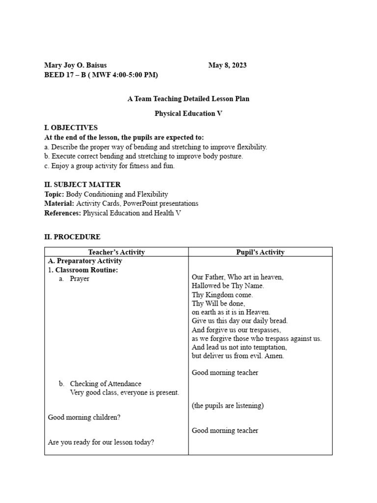 Beed 17 Lesson Plan P.E | PDF | Lord's Prayer | Flexibility (Anatomy)