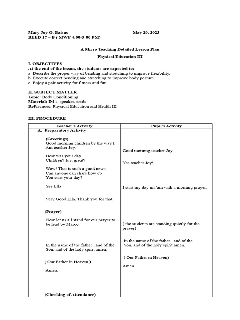 BEED 17 MICRO, TEAM AND INDI TEACHING LESSON PLAN P.E .MAY 28 Words | PDF | Physical Fitness ...