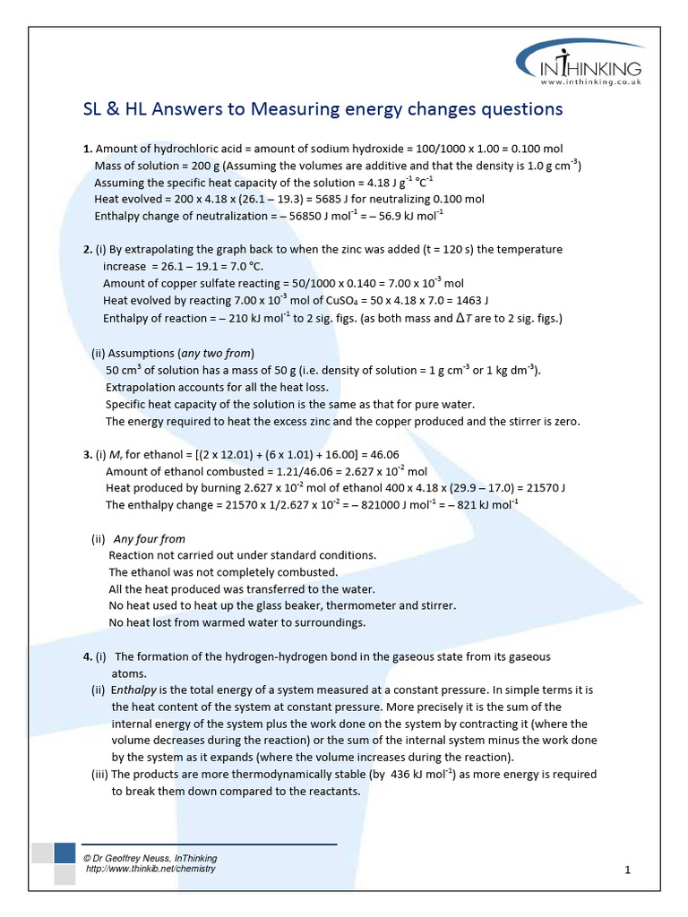 Answers To Measuring Energy Changes | PDF | Heat | Enthalpy