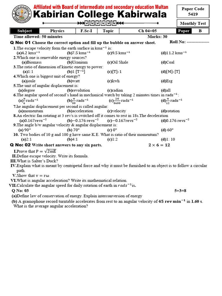 Physics Part I Paper B August 2023 | PDF | Acceleration | Velocity