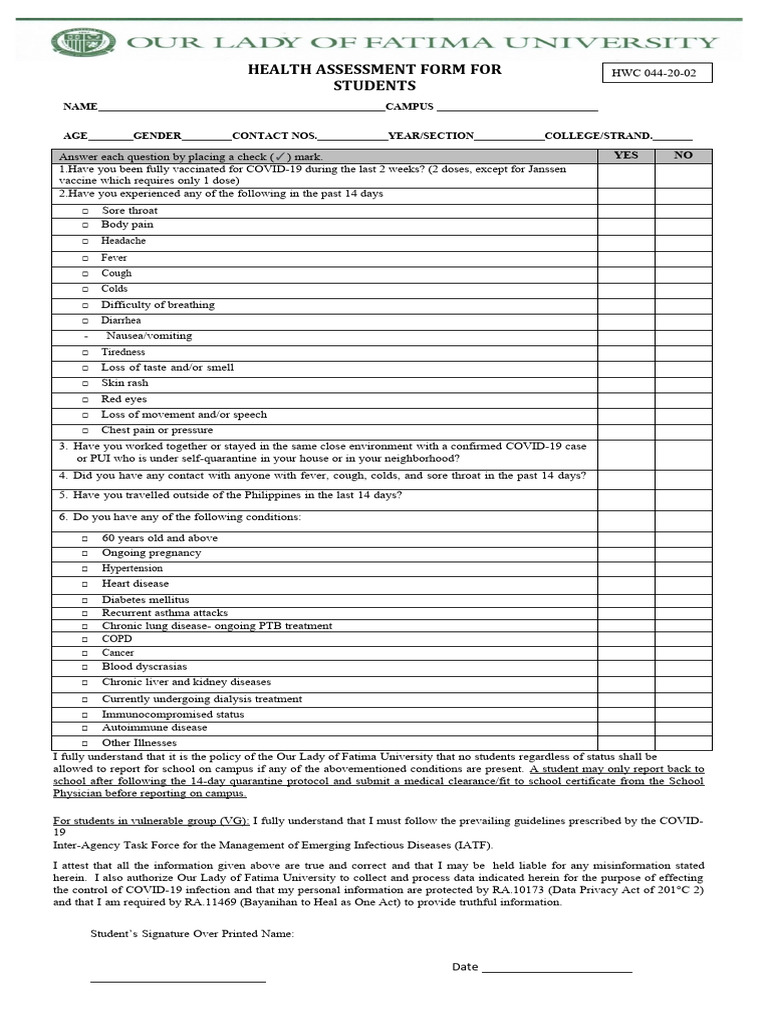 Health Assessment Form Student | PDF