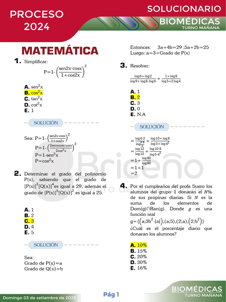 SOLUCIONARIO TURNO MAÑANA - Biomédicas - 03-SET | PDF