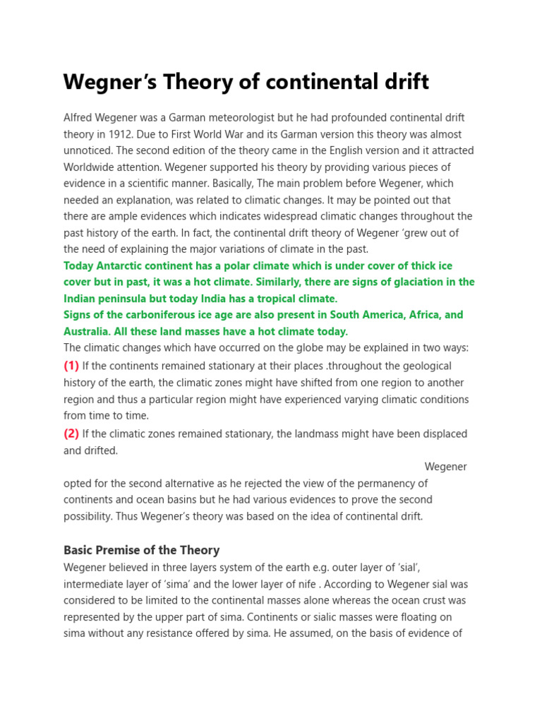 Wegener's Continental Drift Theory Explained | PDF | Plate Tectonics | Tide