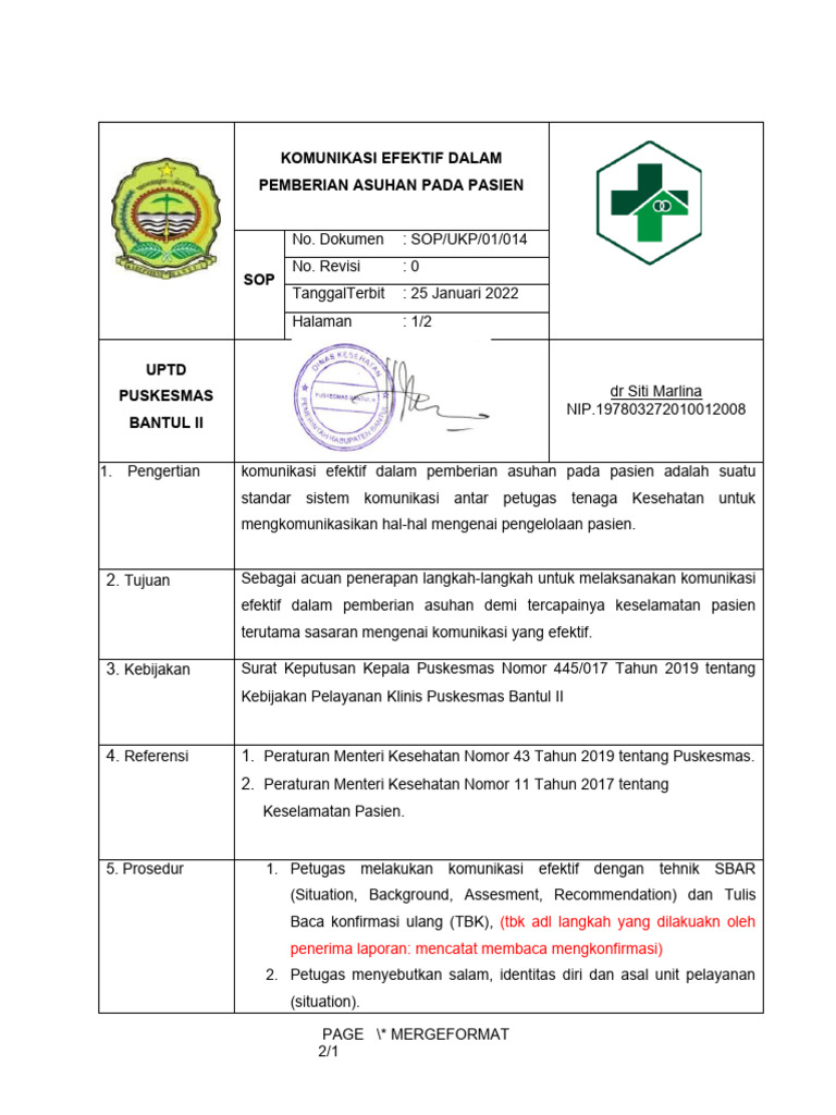 SOP Komunikasi Efektif SBAR - TBK | PDF | Pengembangan Diri
