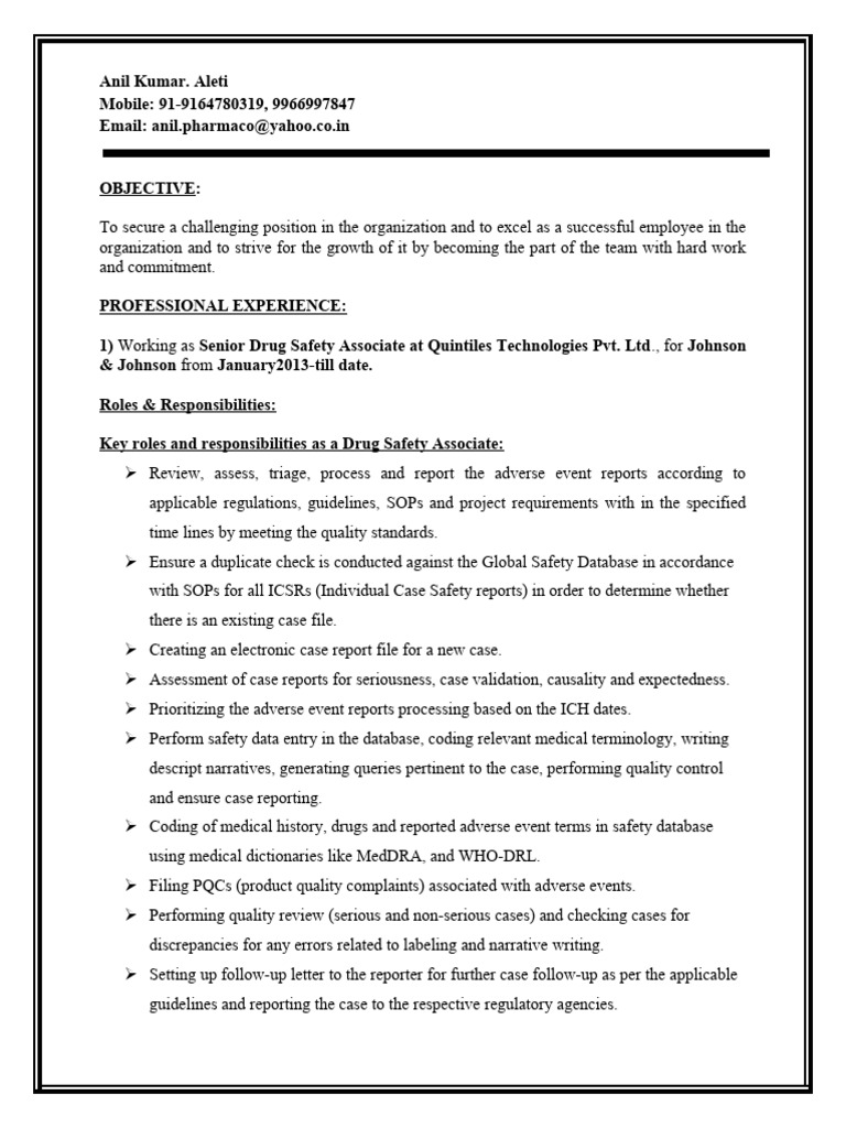 A Anil Kumar - CV | PDF | Pharmacovigilance | Clinical Medicine