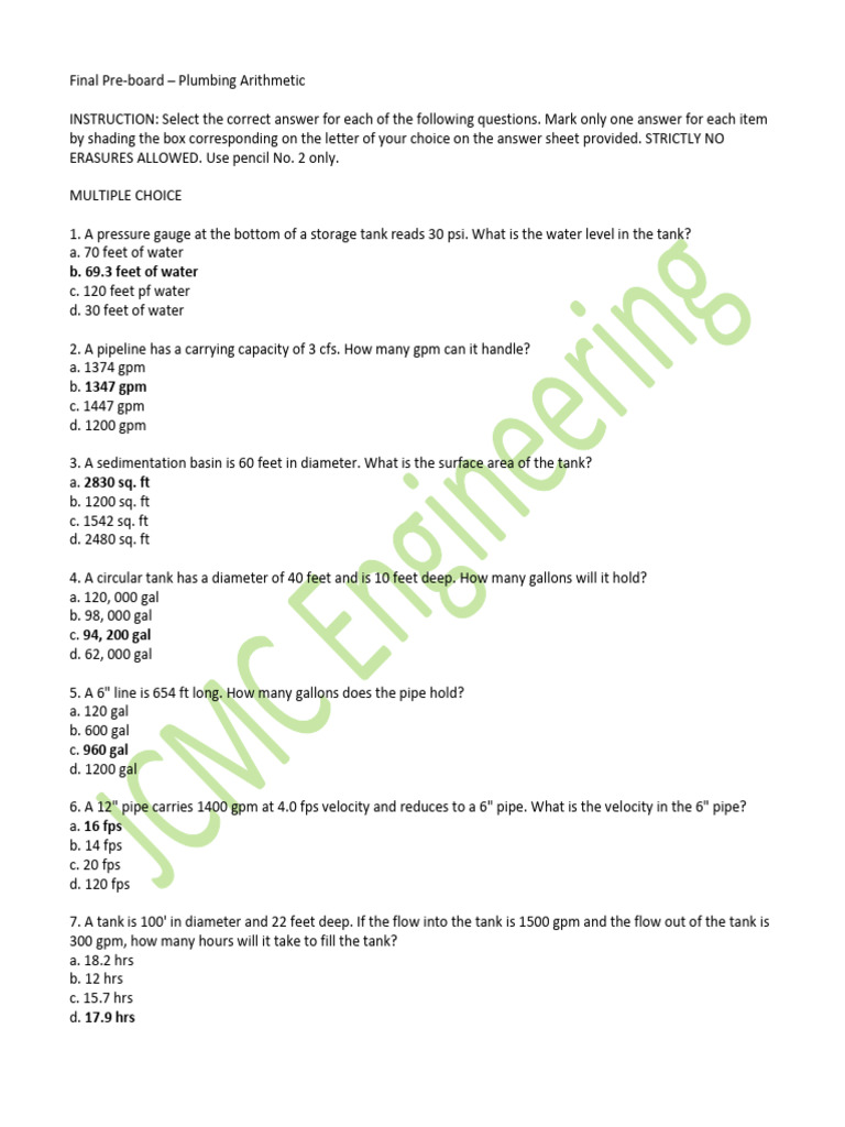 Final Pre-Board - Plumbing Arithmetic Answer Key | PDF