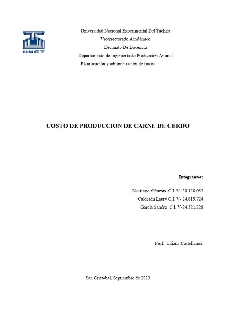 Trabajo Costo Produccion Kilo Carne de Cerdo | PDF | Carne | Granjas