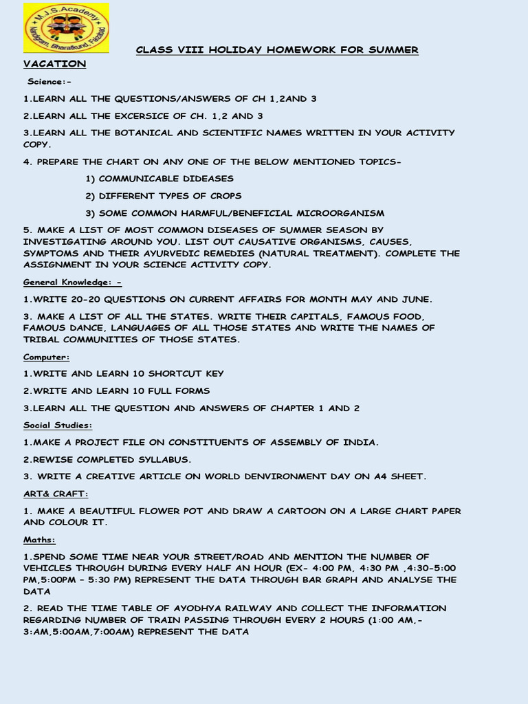Class Viii Holiday Homework For Summer Vacation | PDF