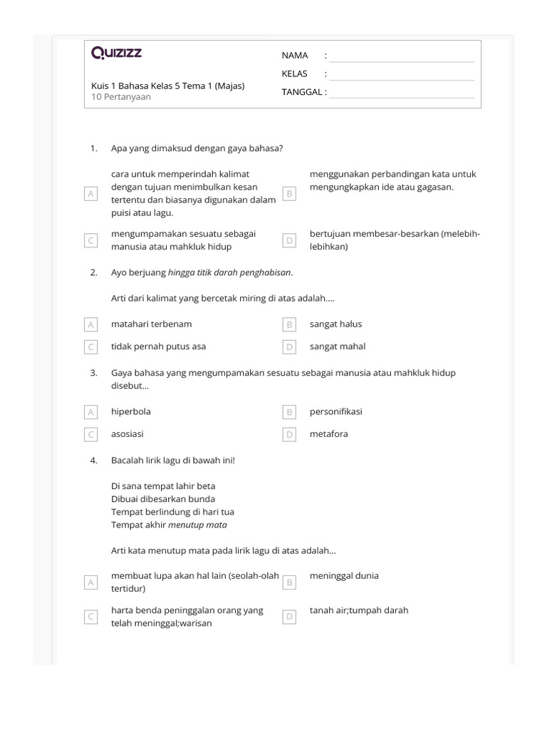 Kuis 1 Bahasa Kelas 5 Tema 1 (Majas) | PDF
