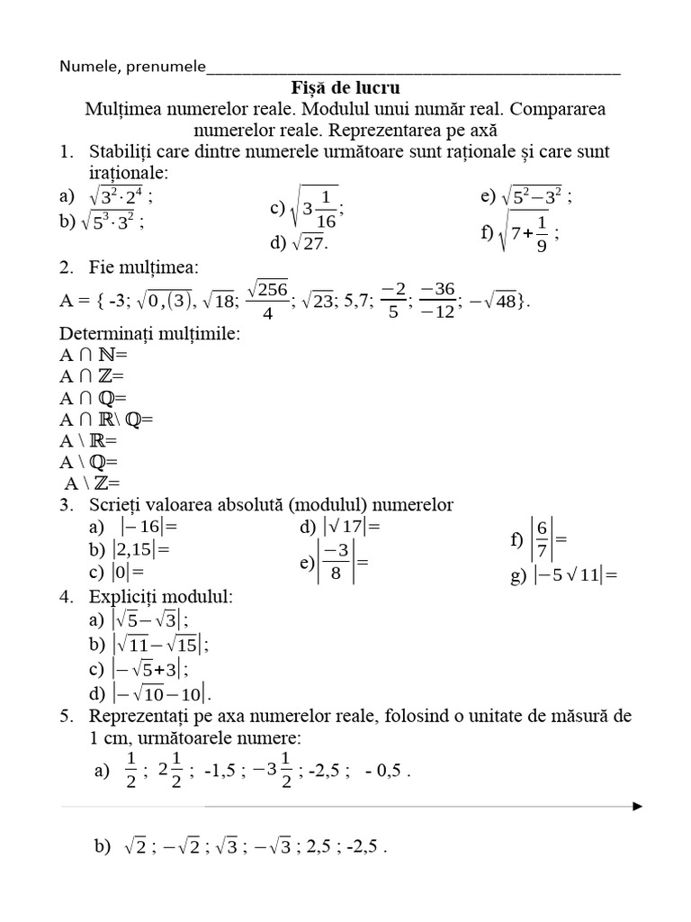 Fisa de Lucru 7a Modulul Unui Numar Real | PDF