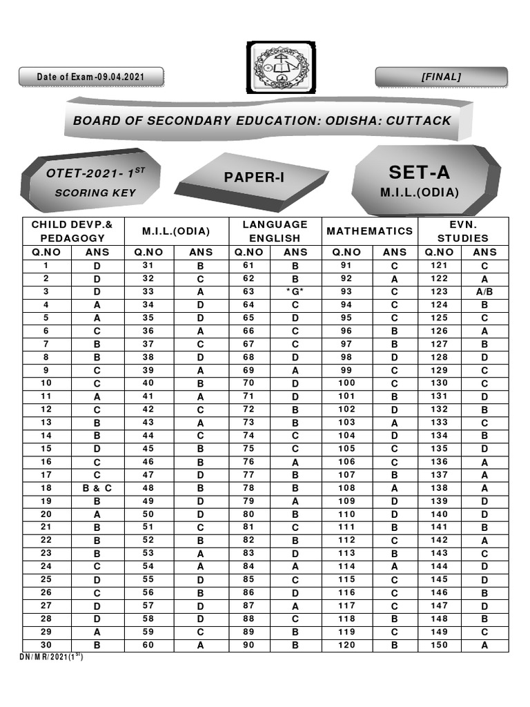 OTET Paper 1 Answer Key | PDF