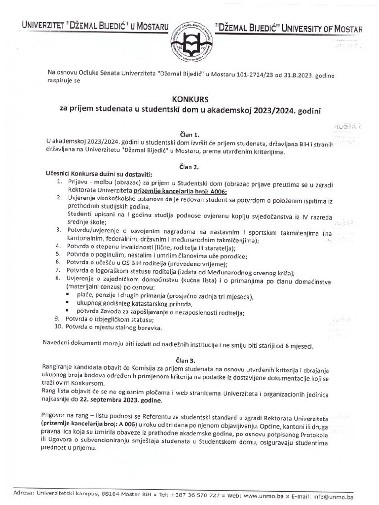 Konkurs Za Prijem Studenata U Studentski Dom Antalija | PDF