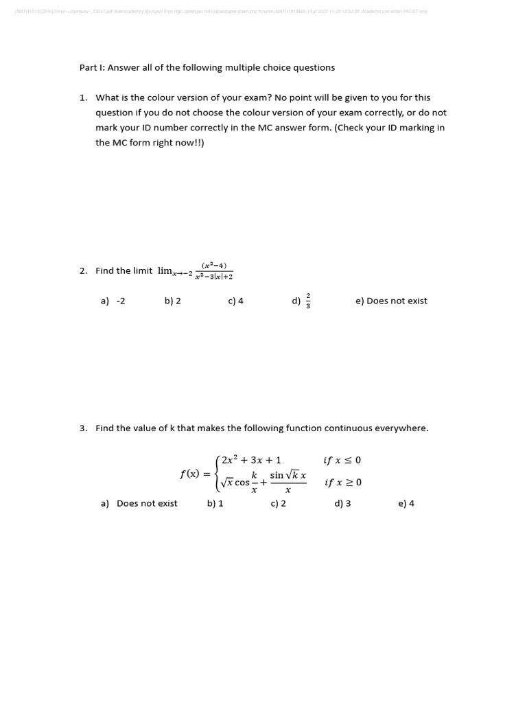 MATH1013 Final Exam Questions | PDF | Square Root | Function (Mathematics)