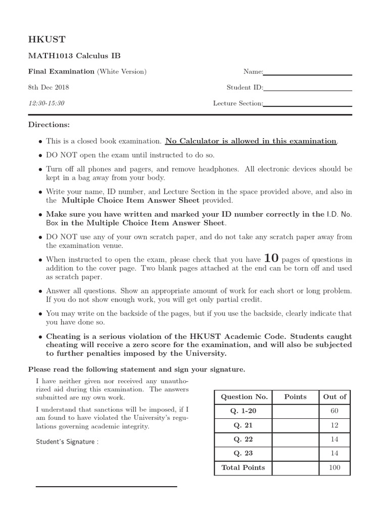 Math1013 Final Fall 2018 Ver White | PDF | Multiple Choice | Mathematical Analysis