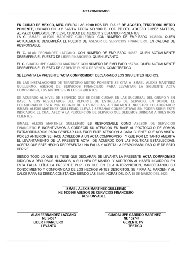 Acta Compromiso Estrellas Final | PDF | Derecho