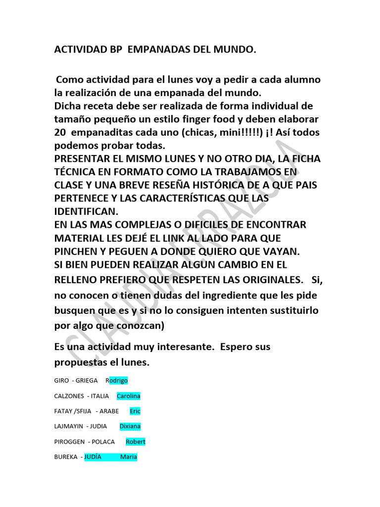 Empanadas del Mundo: Actividad Escolar | PDF | Cocina, comidas y vino ...